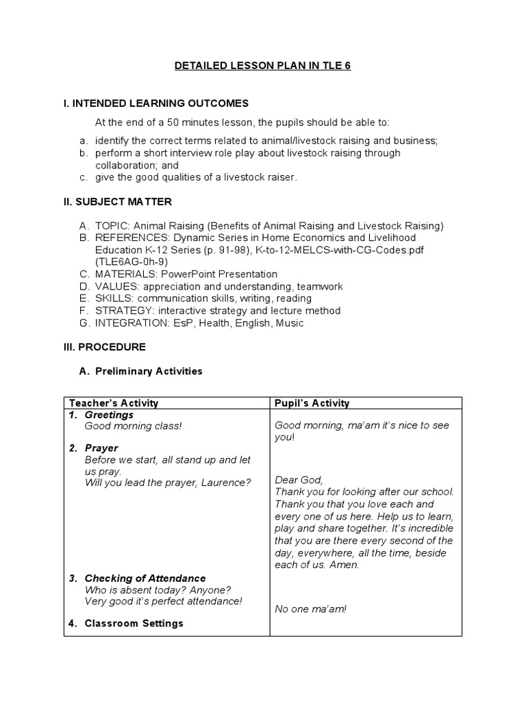 Detailed Lesson Plan in Tle 6 I. Intended Learning Outcomes: 1 ...