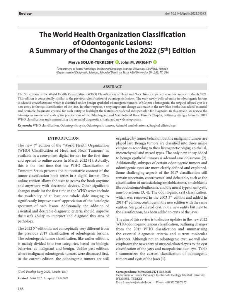2022 WHO Classification of Odontogenic Tumors | PDF | Neoplasms | Carcinoma