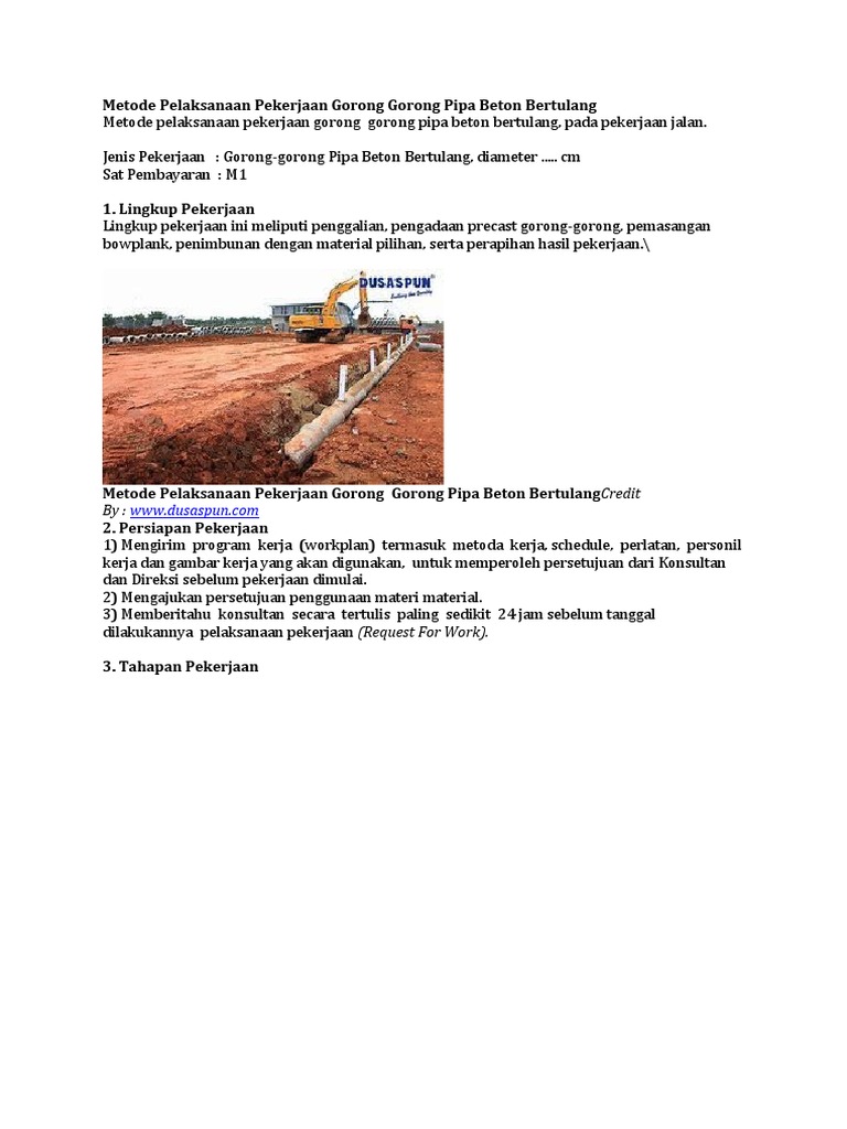 Metode Pelaksanaan Pekerjaan Gorong Gorong Pipa Beton Bertulang | PDF