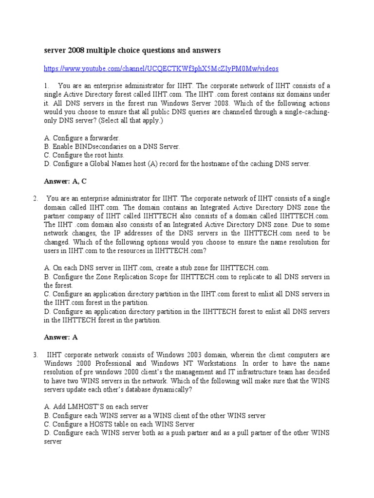 Server 2008 Multiple Choice Questions and Answers: Answer: A, C | PDF ...