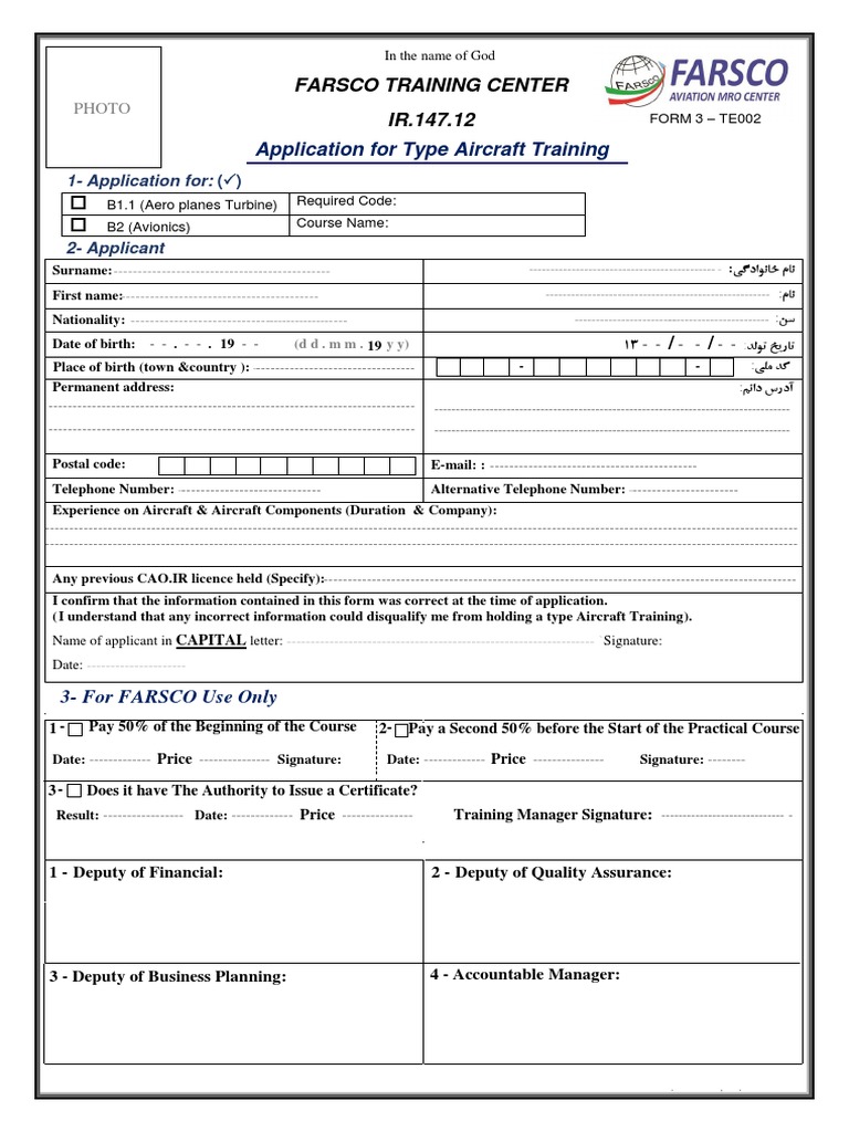 Application For Type Aircraft Training: Farsco Training Center IR.147. ...