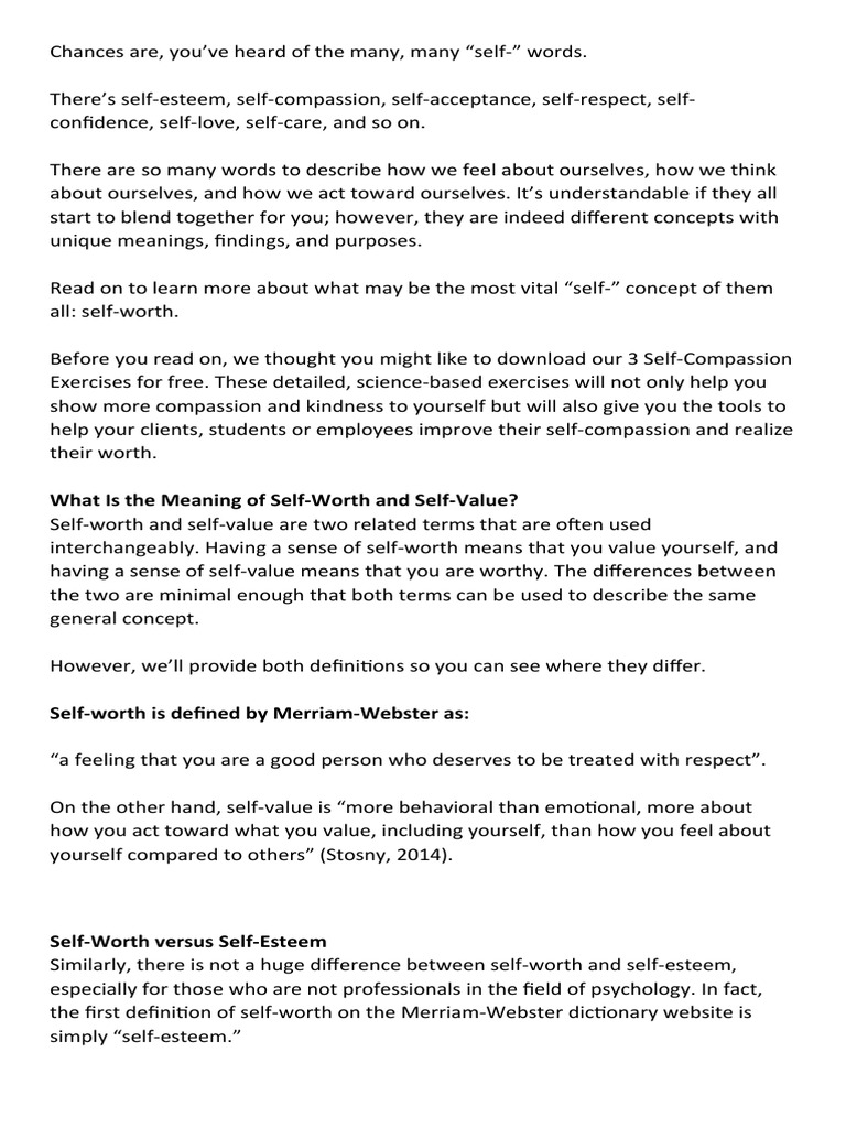 What Is The Meaning of Self-Worth and Self-Value? | PDF | Self Esteem ...