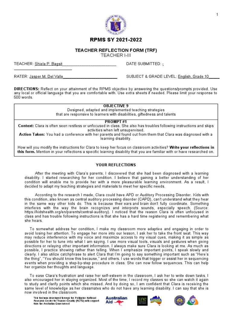 RPMS SY 2021-2022: Teacher Reflection Form (TRF) | PDF | Learning ...