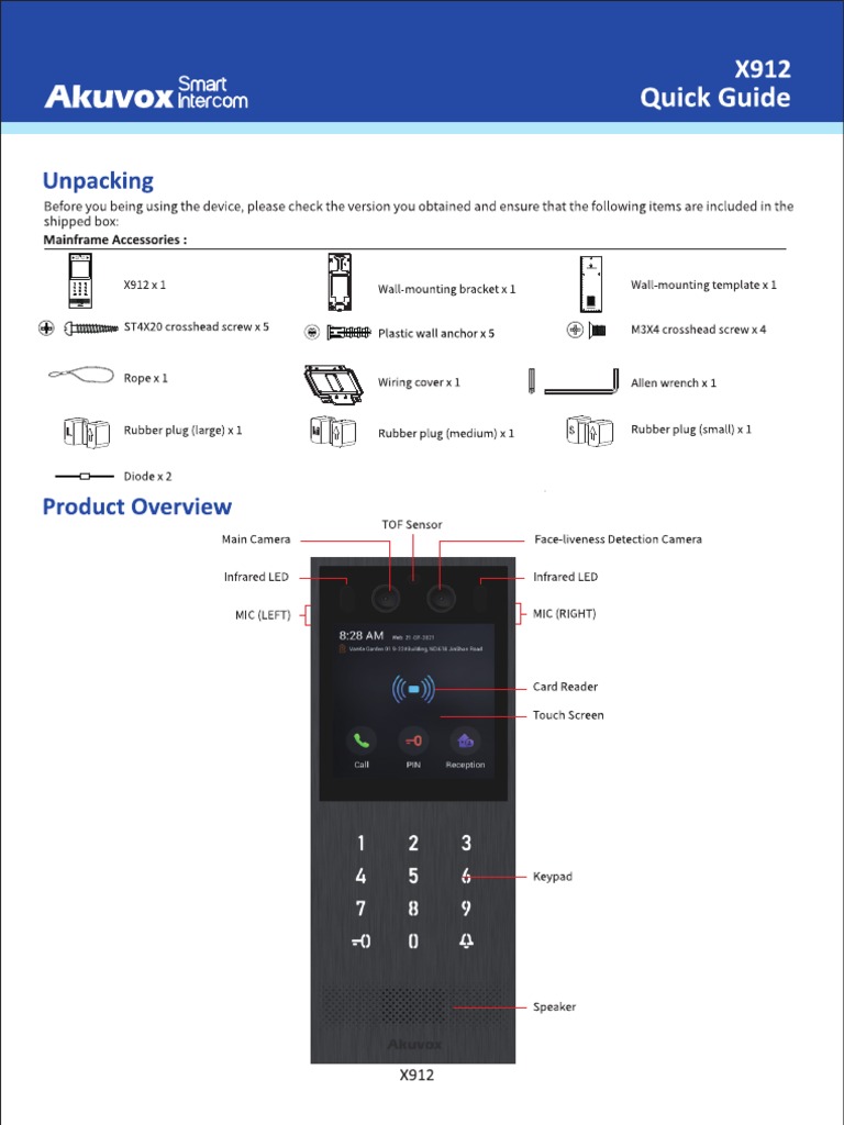 Akuvox X912 Quick Guide - V1.0 TZ-SM-002347 | PDF