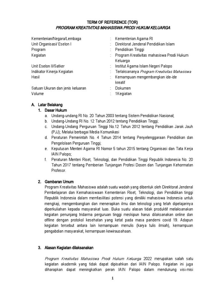 TOR PROGRAM KREATIVITAS MAHASISWA Prodi HK | PDF