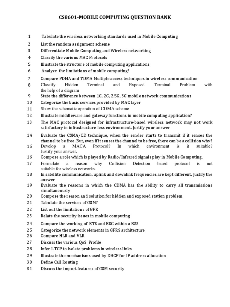 Cs8601-Mobile Computing Question Bank | PDF | Channel Access Method | Cellular Network