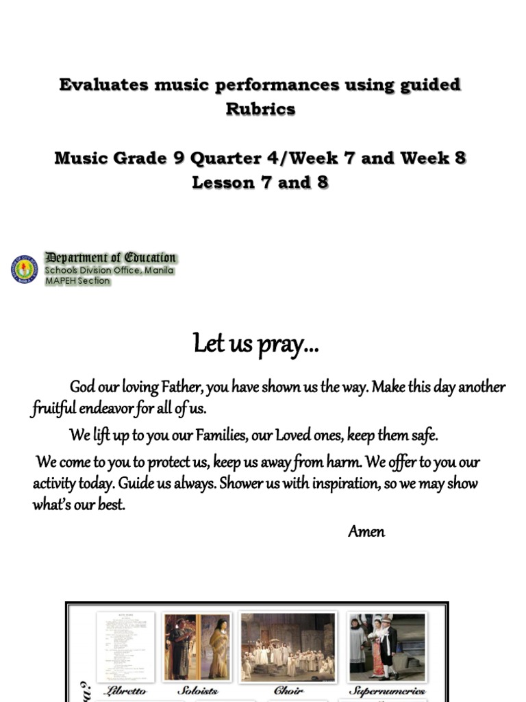 Evaluates Music Performances Using Guided Rubrics Music Grade 9 Quarter ...