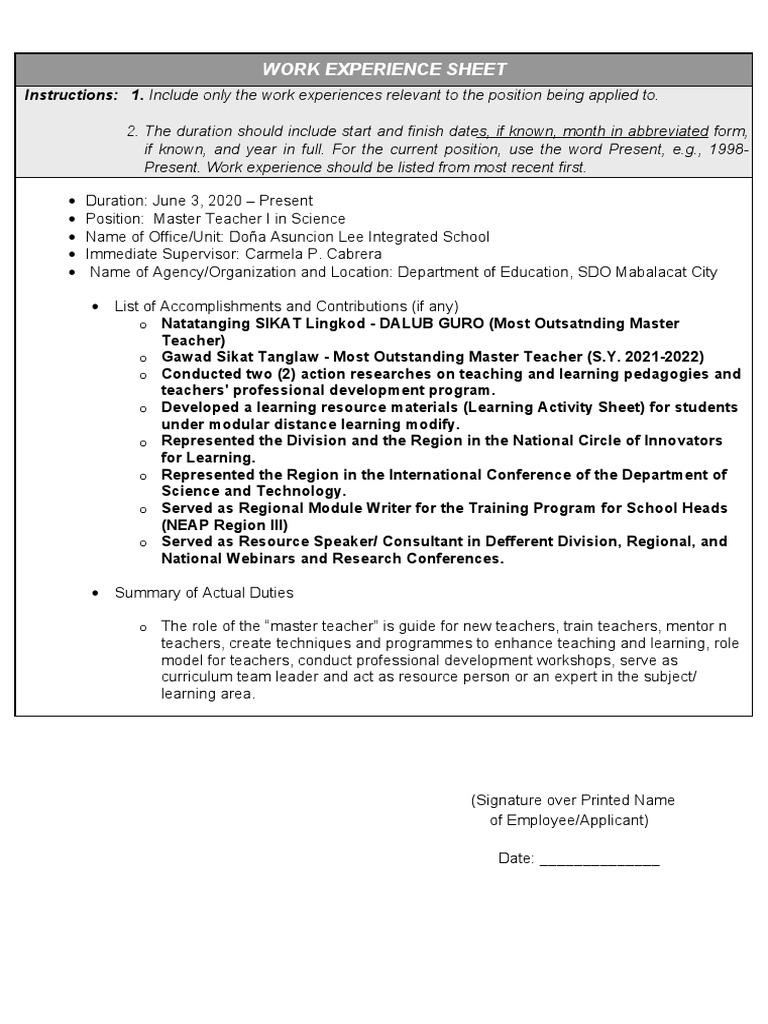 Cs Form No. 212 Attachment - Work Experience Sheet | PDF | Teachers ...