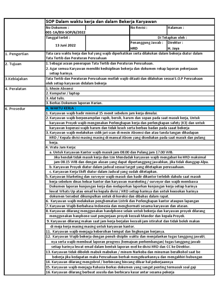 STANDAR OPERASING PROSEDUR WAKTU KERJA DAN TANGGUNG JAWAB KARYAWAN | PDF