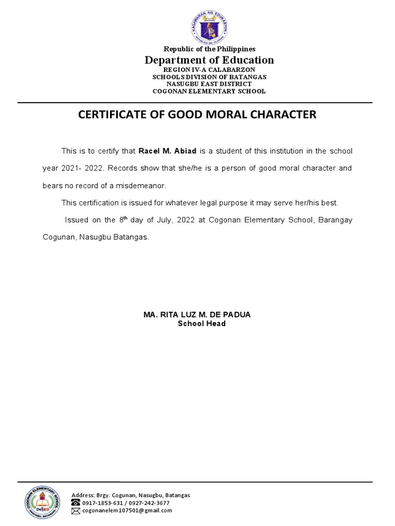 Good Moral Certificate | PDF