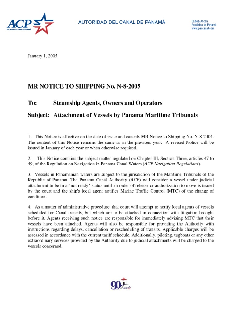 MR Notice To Shipping No. N-8-2005 To: Steamship Agents, Owners and ...