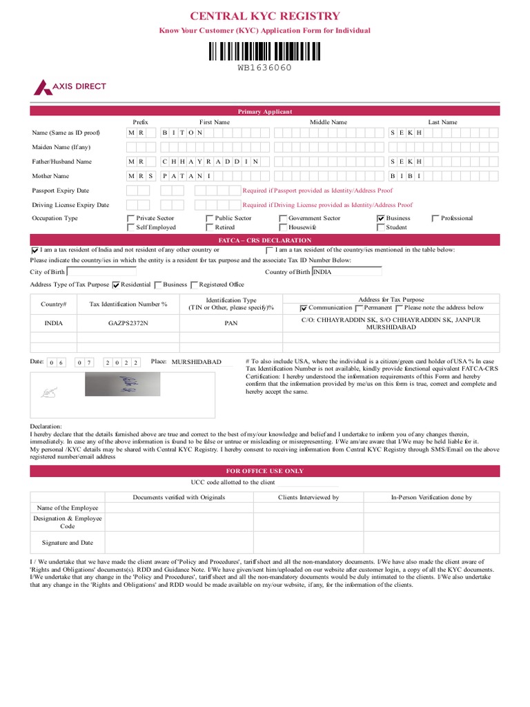 Know Your Customer (KYC) Application Form For Individual: Primary ...