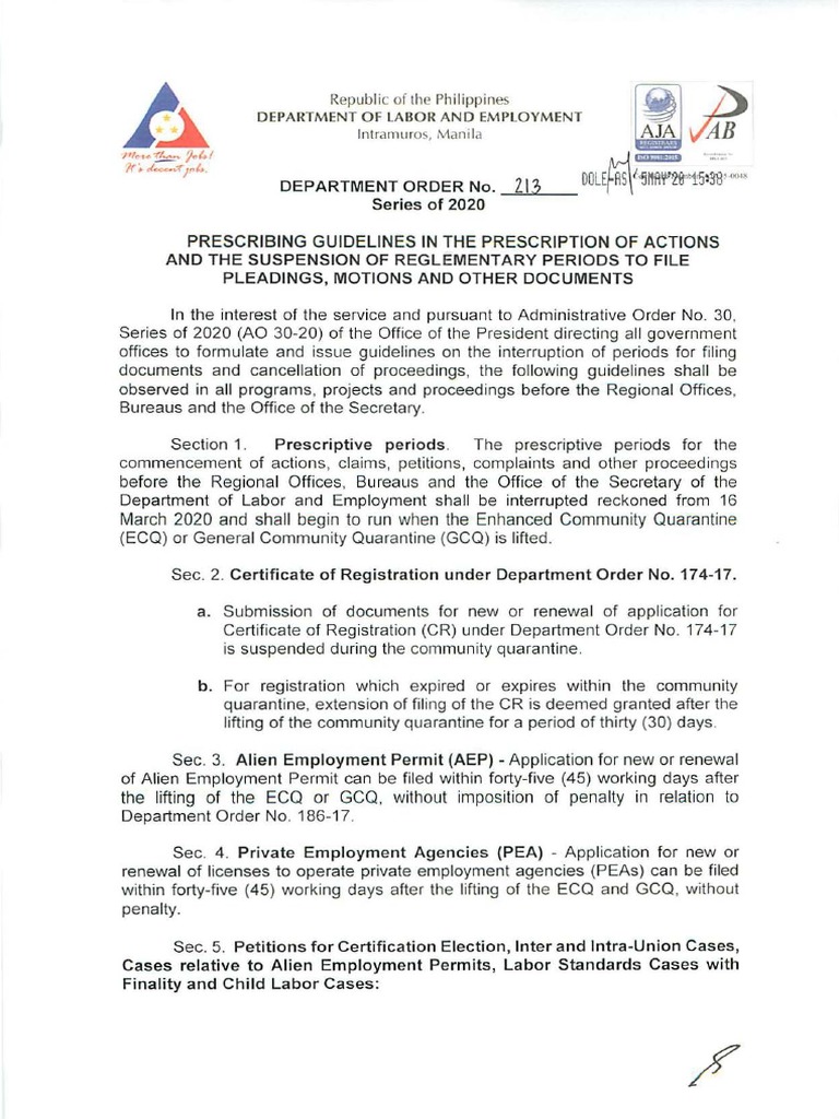 DOLE Department Order No. 213-2020 - Guidelines in The Prescription of ...