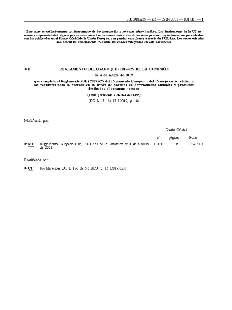 Reglamento Delegado (Ue) 2019-625 | PDF | Carne | Unión Europea