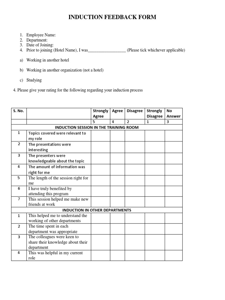 New Joinee Induction Feedback Form | PDF | Business | Employment