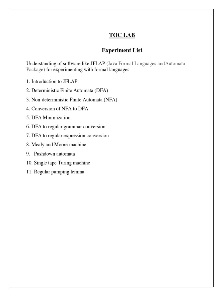 Toc Lab Experiment List: (Java Formal Languages and Automata Package ...