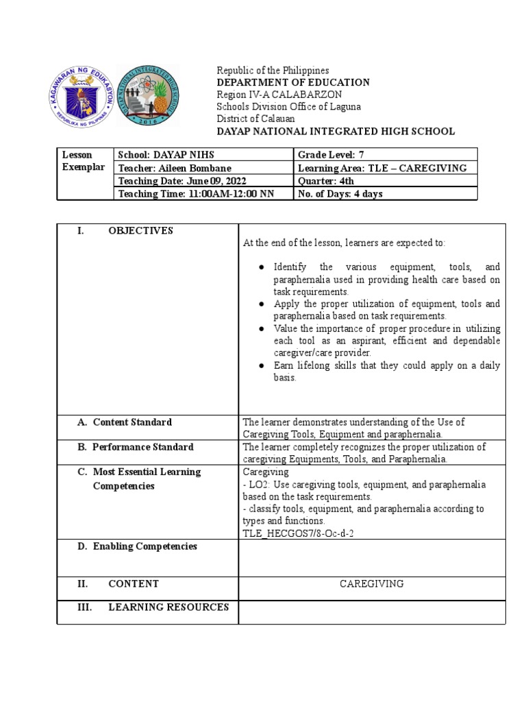 Grade 7 TLE Caregiving Lesson Plan | PDF | Learning | Caregiver