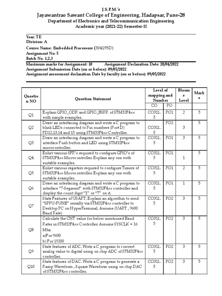 Unit - 5 - QB - Assignment - Real World Interfacing With Cortex M4 Based Microcontroller | PDF ...