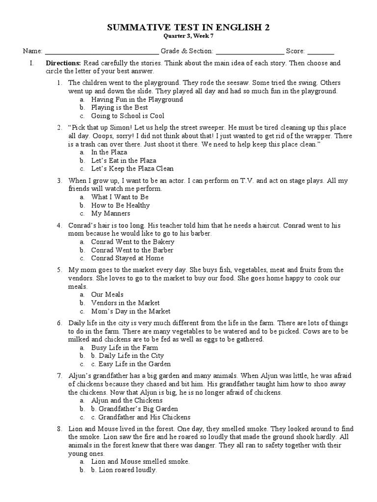 English 2 Summative Test Week 7 | PDF | Elephant | Ivory