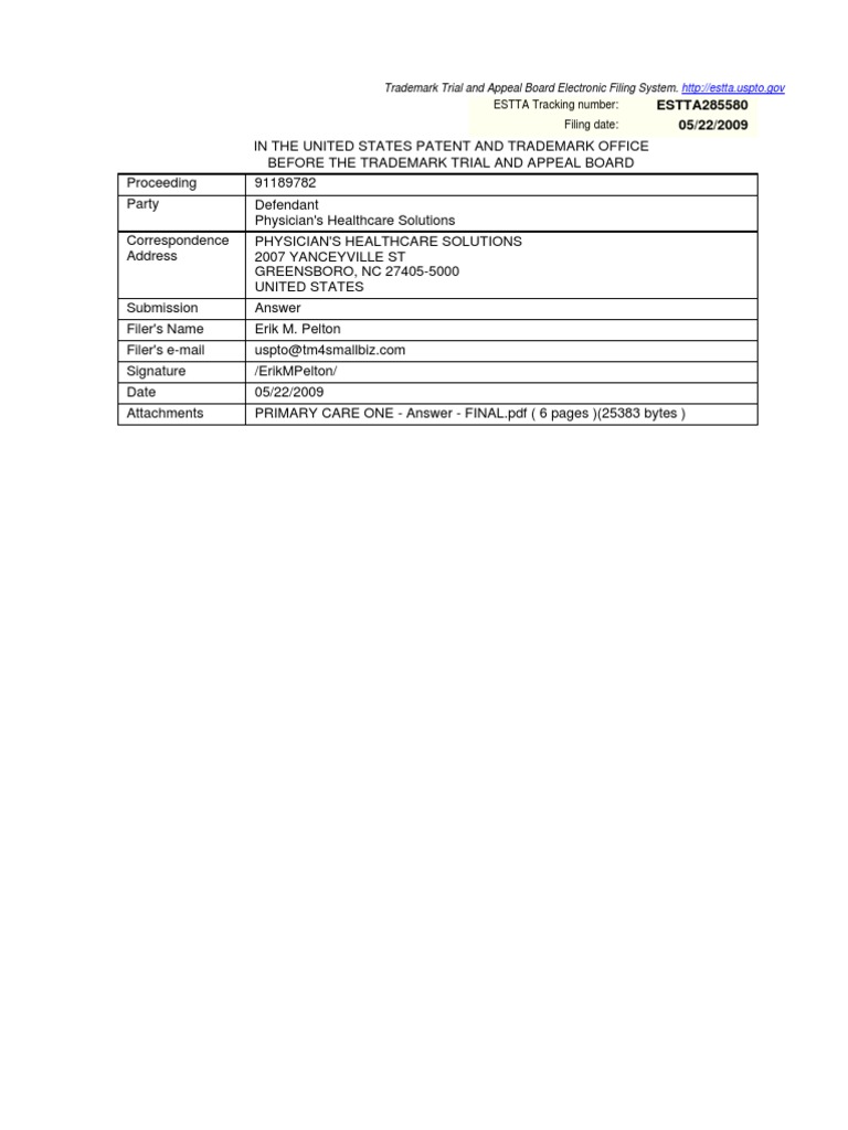 TTAB Opposition Answer: PRIMARY CARE ONE | United States Patent And ...