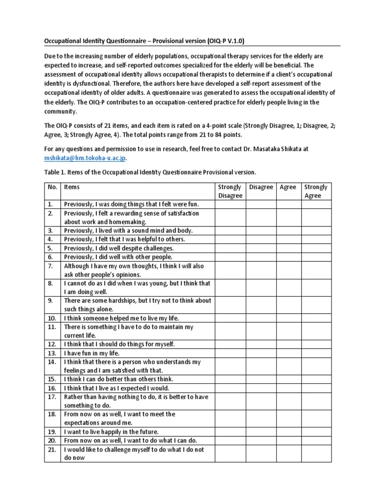 Occupational Identity Questionnaire - Provisional Version (OIQ-P V.1.0 ...
