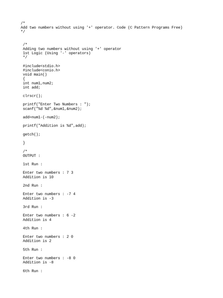 Add Two Numbers Without Using Operator Code C Pattern Programs