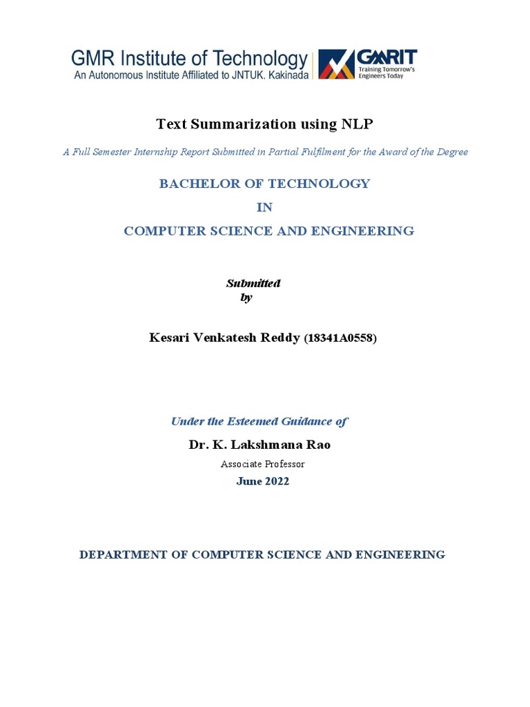 Text Summarization Using NLP: Bachelor of Technology Computer Science ...