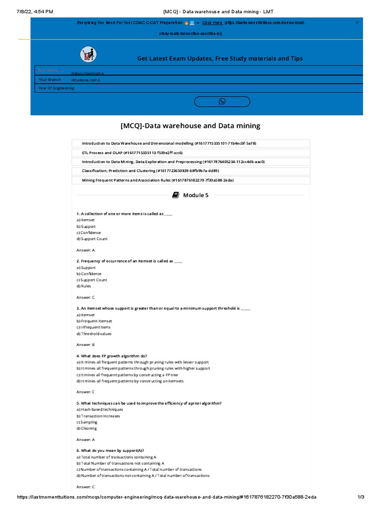 (MCQ) - Data Warehouse and Data Mining - LMT-2 | PDF | Data Warehouse | Information Retrieval