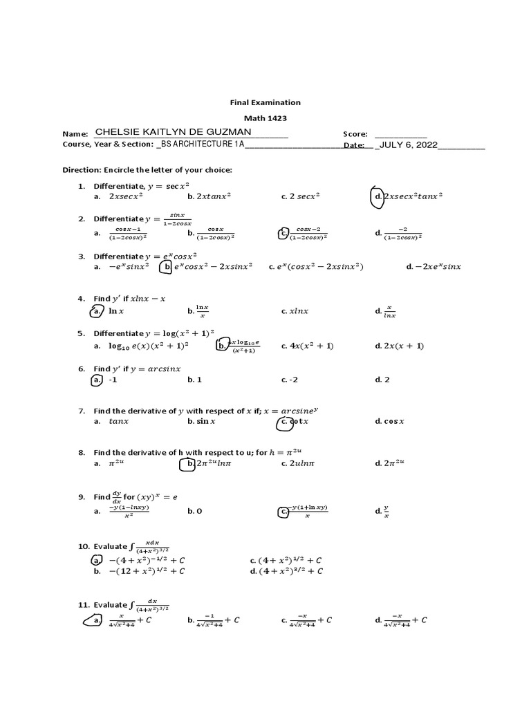 Final Examination (Math 1423) 1 | PDF | Arithmetic | Rates