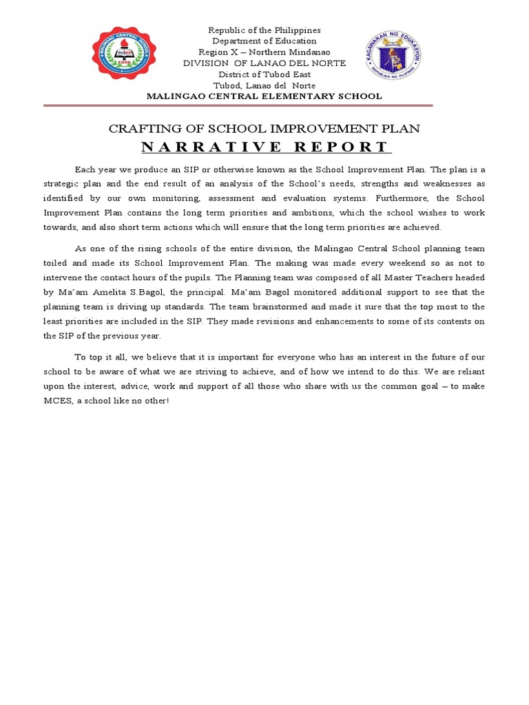 Narrative Report: Crafting of School Improvement Plan | PDF
