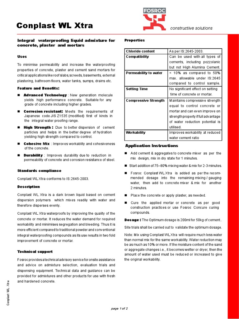 Conplast WL Xtra: Integral Waterproofi NG Liquid Admixture For Concrete ...