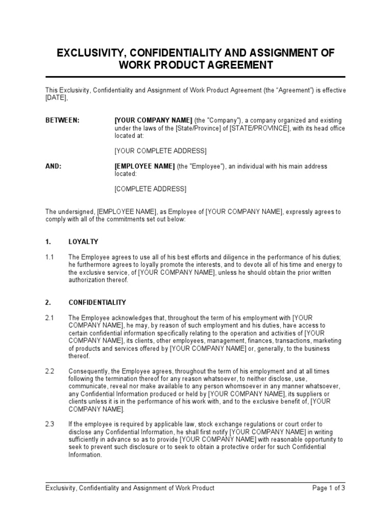Exclusivity, Confidentiality and Assignment of Work Product | PDF ...