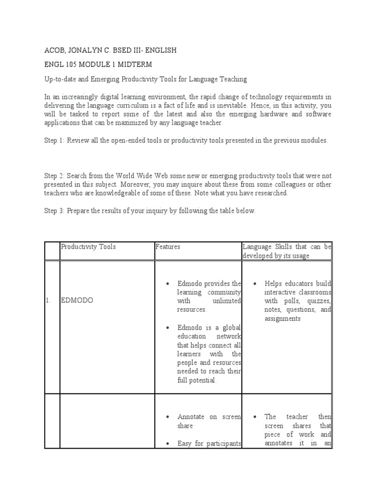 Acob, Jonalyn C. Bsed Iii-English Engl 105 Module 1 Midterm | PDF | Teachers | Education Theory