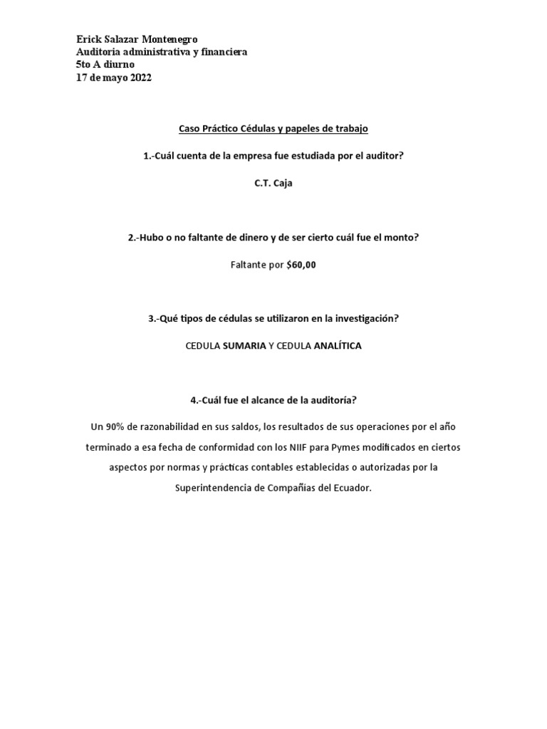 Caso Práctico Cédulas y Papeles de Trabajo - Salazar M Erick | PDF