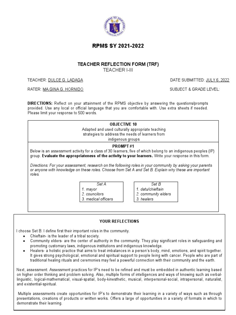 RPMS SY 2021-2022: Teacher Reflection Form (TRF) | PDF | Teaching ...