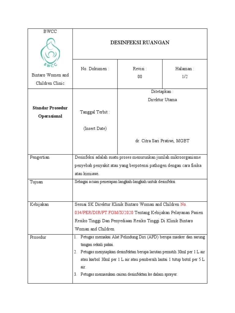 Prosedur Desinfeksi Klinik Bintaro | PDF | Kesehatan Holistik | Sains ...