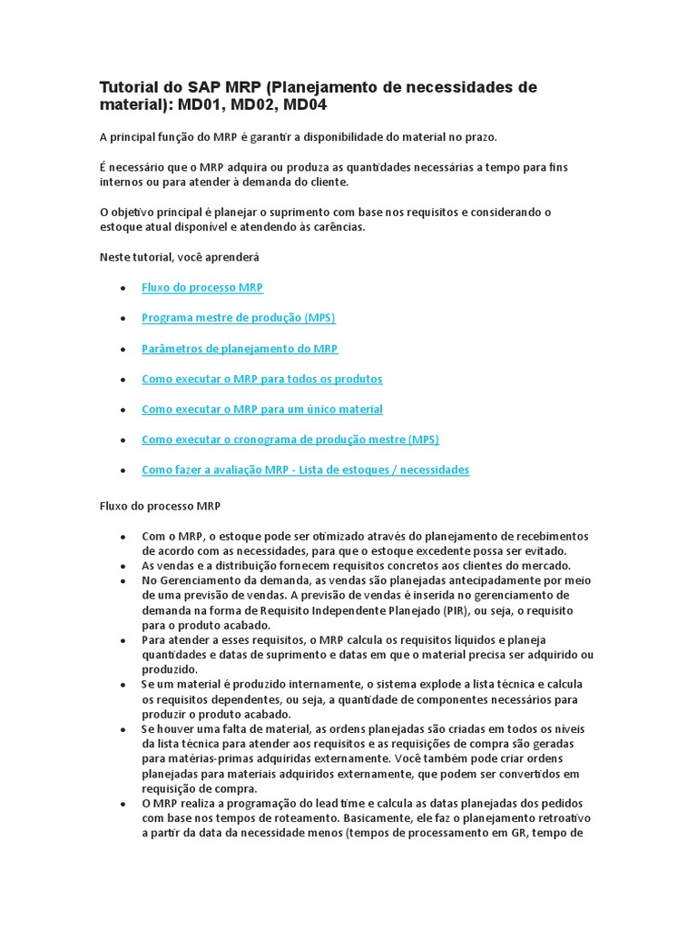 Tutorial Do SAP MRP | PDF | Planejamento | Tempo