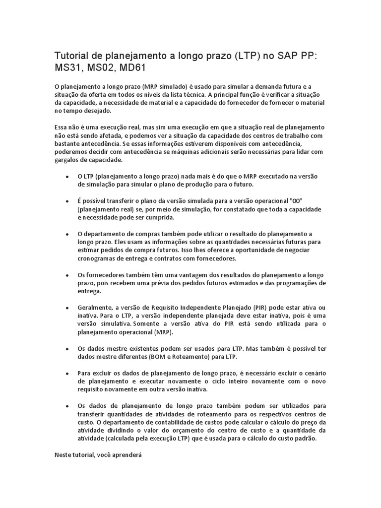 Tutorial de Planejamento A Longo Prazo (LTP SAP) | PDF | Planejamento ...