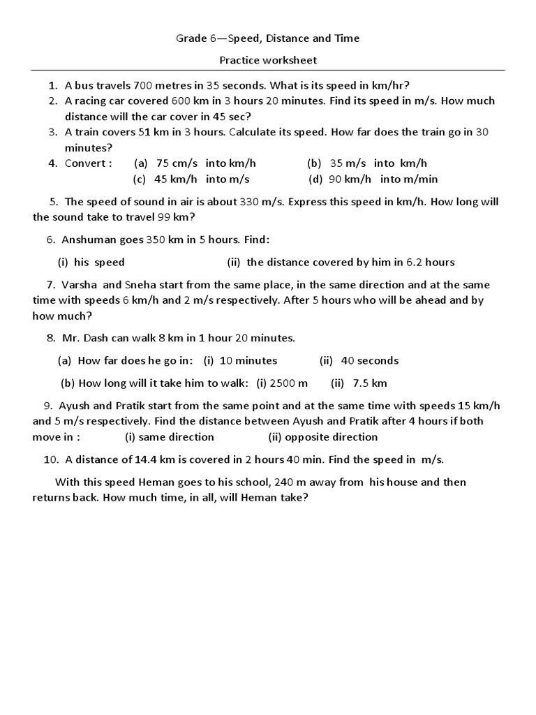 Grade 6 Maths Worksheet - Speed Distance Time | PDF