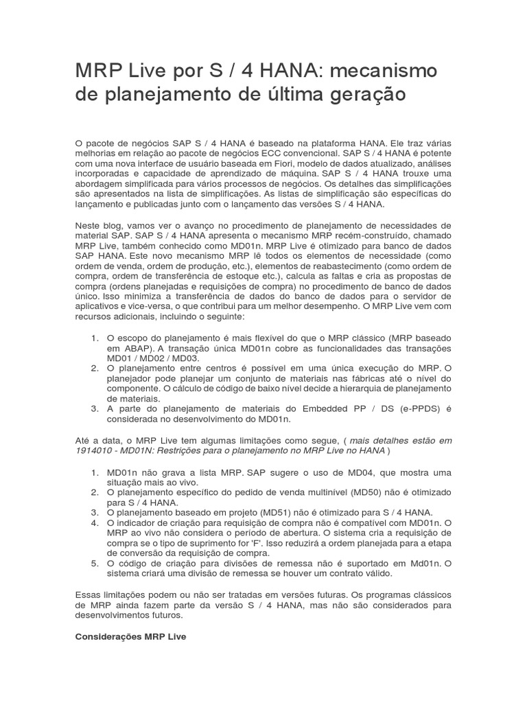 MRP Live S4 Hana | PDF | Bancos de dados | Transação em base de dados