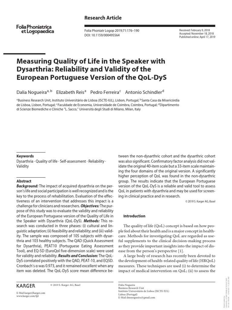 The Quality of Life in The Dysarthric Speaker (QoL-DyS) | PDF | Cognition