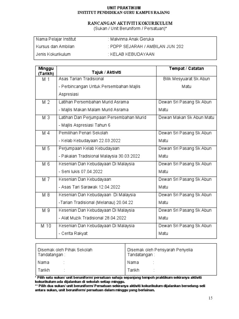 D01 Rancangan Aktiviti Kokurikulum | PDF