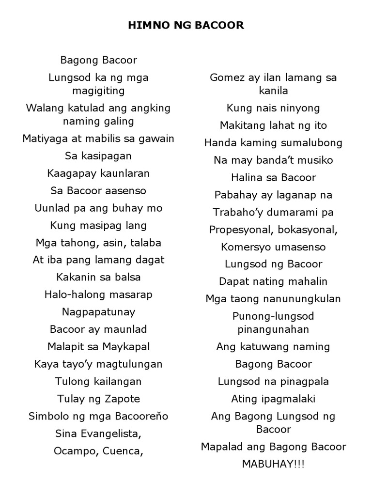 HIMNO NG BACOOR Lyrics | PDF