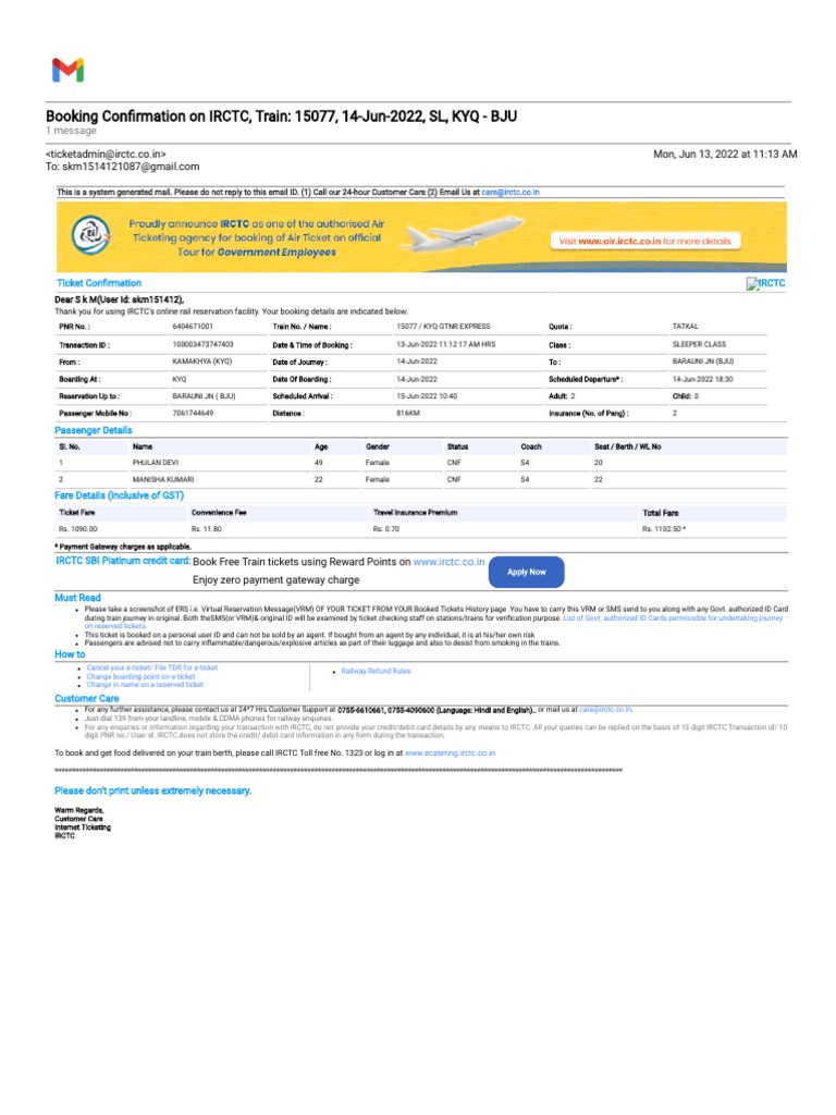 Booking Confirmation for Two Passengers Traveling from Kamakhya to ...