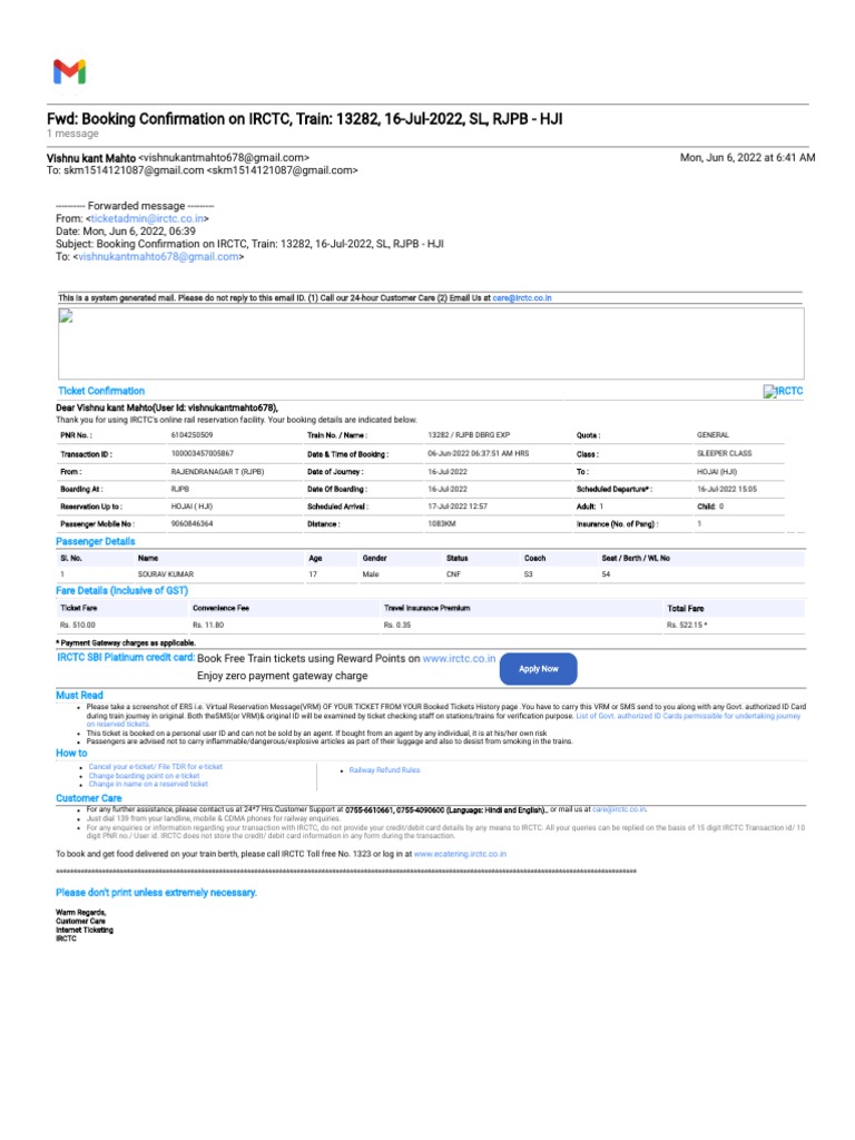 Train - 13282, 16-Jul-2022, SL, RJPB - HJI | PDF | Credit Card | Debit Card
