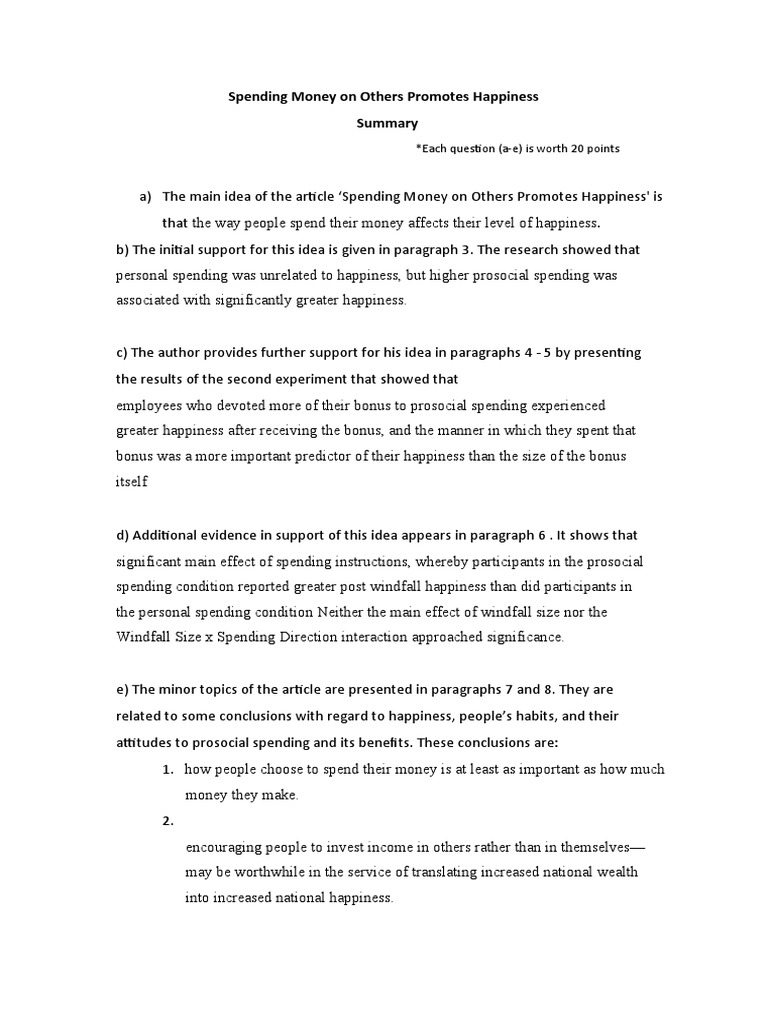 Spending Money On Others Promotes Happiness: Each Question (A-E) Is ...