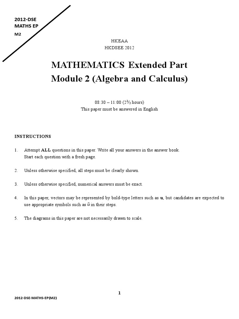 MATHEMATICS Extended Part Module 2 (Algebra and Calculus) : 2012-DSE ...