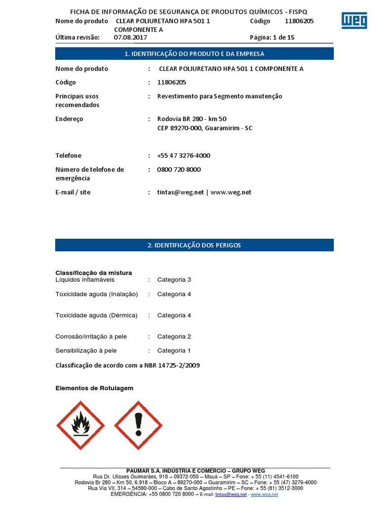 FISPQ Clear Poliuretano HPA | PDF | Embalagem e rotulagem | Desperdício
