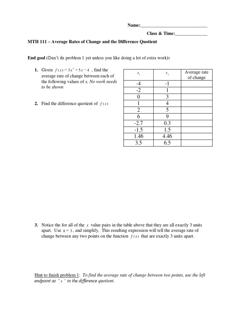 MTH 111 - Average Rates of Change and The Difference Quotient | PDF ...