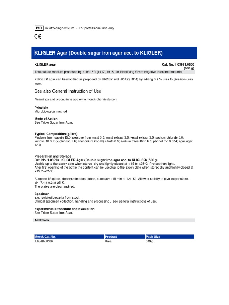 KLIGLER Agar (Double Sugar Iron Agar Acc. To KLIGLER) : See Also ...